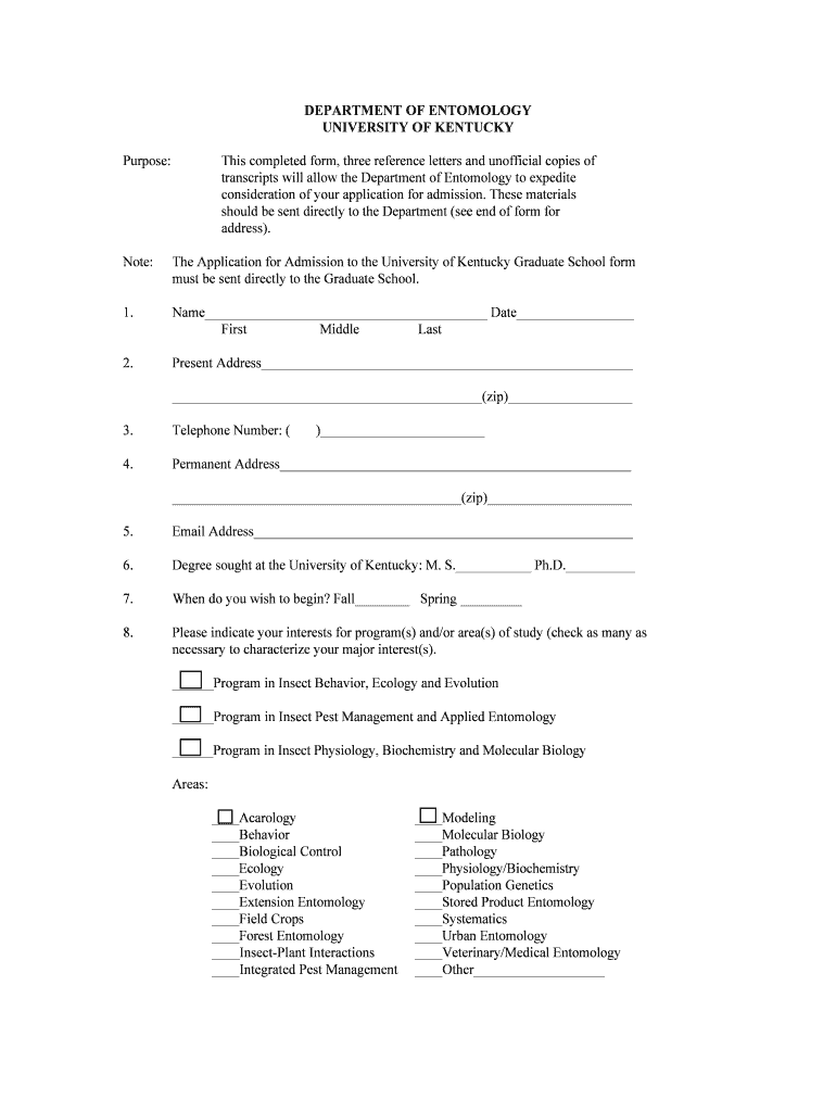 Department of Entomology Information Form ( PDF ) - ca uky: Fill out ...
