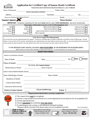 Fillable Online kdheks APPLICATION FOR CERTIFIED COPY OF KANSAS DEATH ...