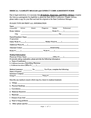 Fillable Online illinoishosa MEDICAL / LIABILITY RELEASE and CONDUCT ... - Illinois HOSA ...