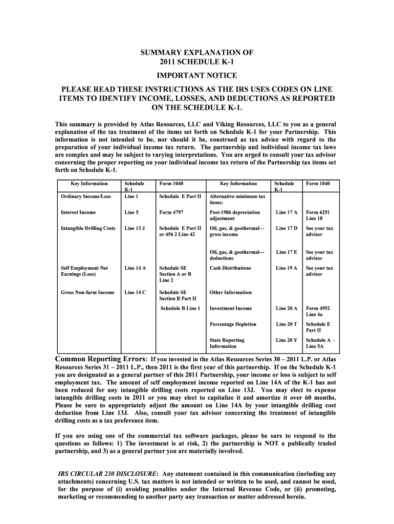 Fillable Online Summary Explanation of 2011 Schedule K-1 Fax Email ...