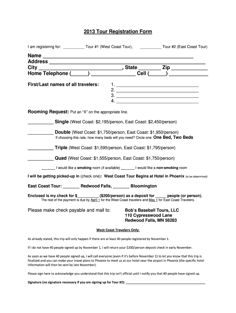 Tour Registration Form - Bob's Baseball Tours: Fill out & sign online ...