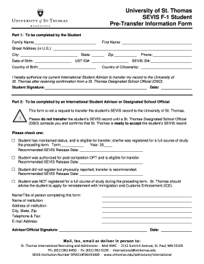Fillable Online stthomas SEVIS Transfer Form - University of St. Thomas - stthomas Fax Email ...