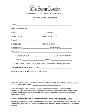 Fillable Online CONTESTANT LOCAL PAGEANT APPLICATION 2012 Miss Greater ...