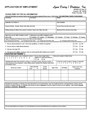 Fillable Online To download a Employment Application - Lynn Dairy Fax ...