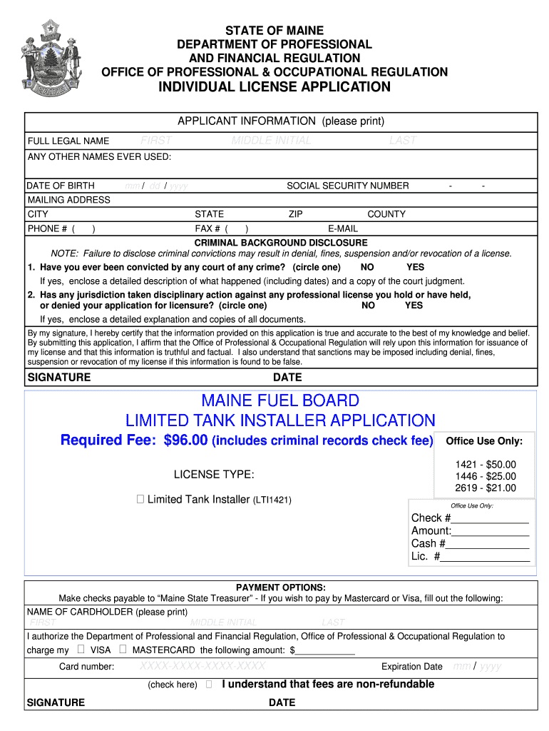 Fillable Online maine MAINE FUEL BOARD LIMITED TANK INSTALLER ...