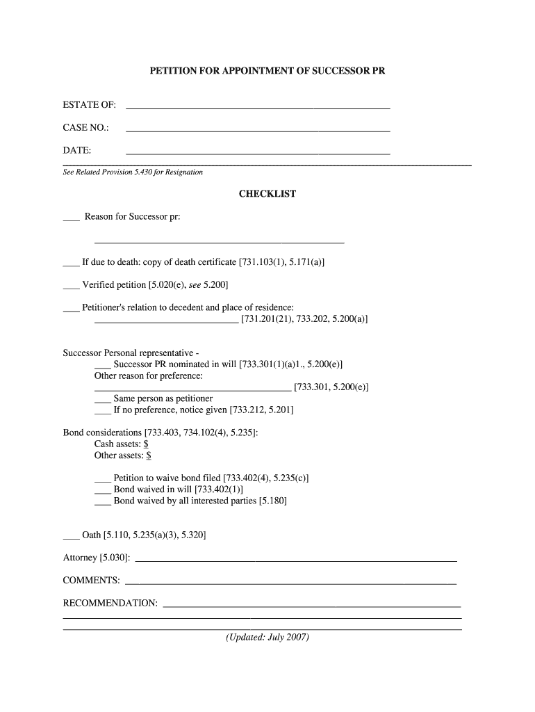 Fillable Online Petition for Appointment of Successor Personal ...
