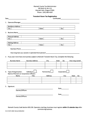 Transient Room Tax Registration - Klamath County - Klamathcounty - Fill and Sign Printable ...