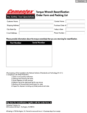 Fillable Online Torque Wrench Recertification Order Form and Packing ...