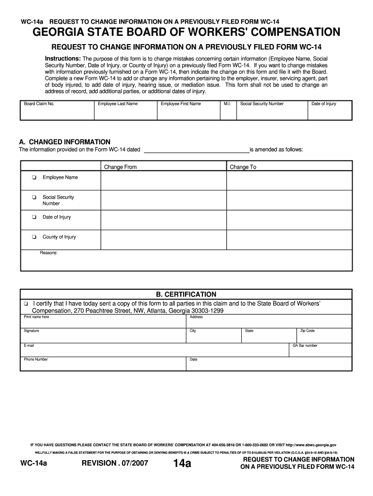 2007 Form GA WC-14a Fill Online, Printable, Fillable, Blank - pdfFiller