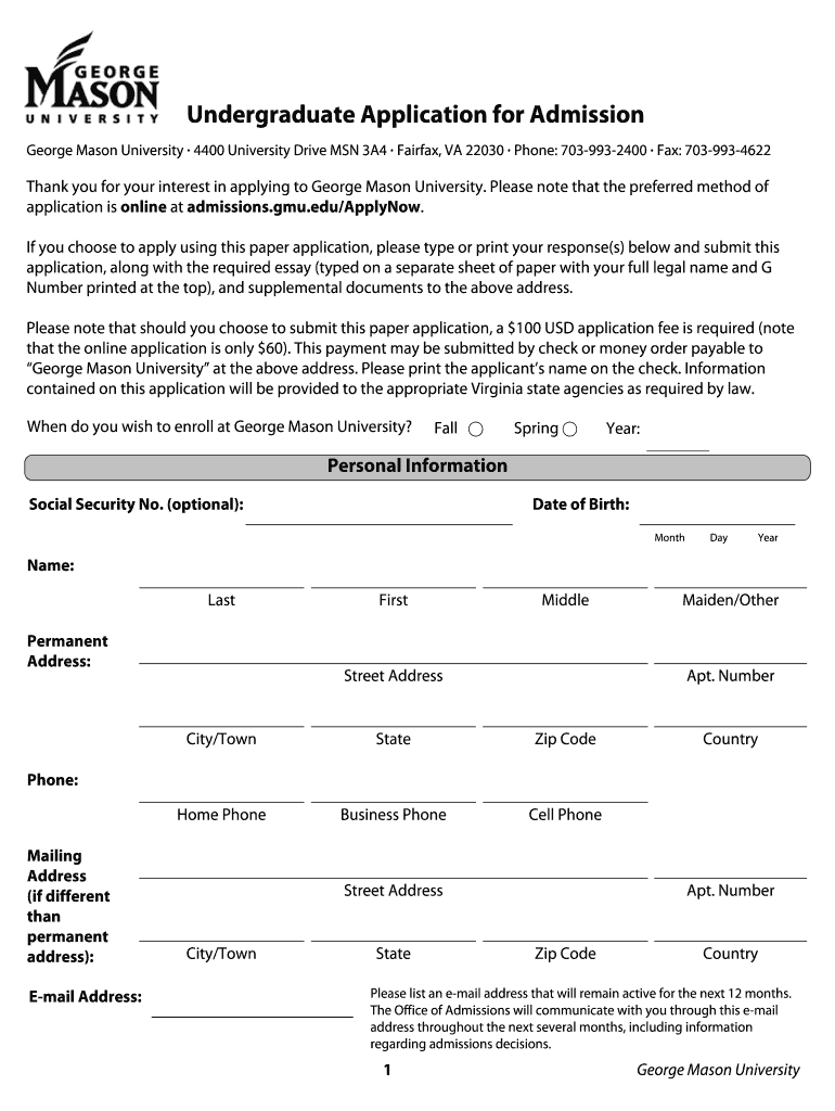 Fillable Online admissions gmu Undergraduate Application for Admission ...