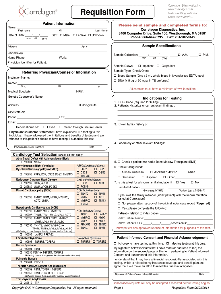 Fillable Online Requisition Form Patient Information Name: First name ...