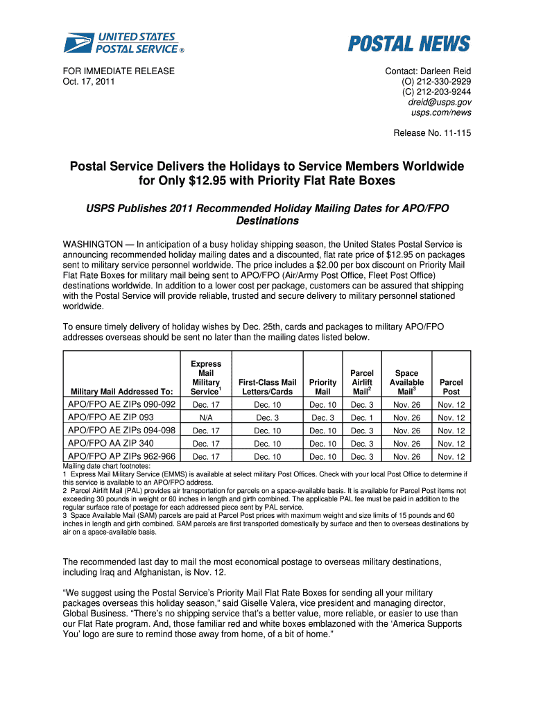 Postal Service Delivers the Holidays to Service Members Worldwide: Fill out & sign online | DocHub