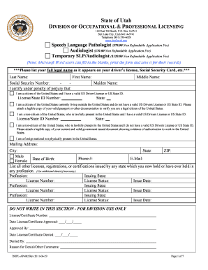 Fillable Online dopl utah dopl sppech pathology license application ...