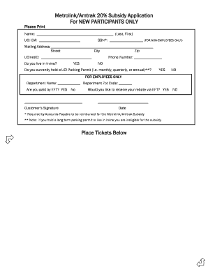 Fillable Online parking uci Metrolink/Amtrak 20% Subsidy Application ...