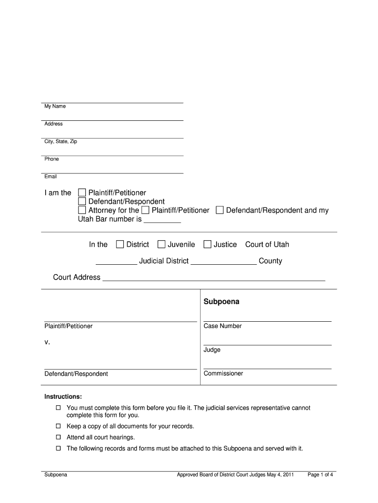 Fillable Online utcourts utah subpoena form Fax Email Print - pdfFiller