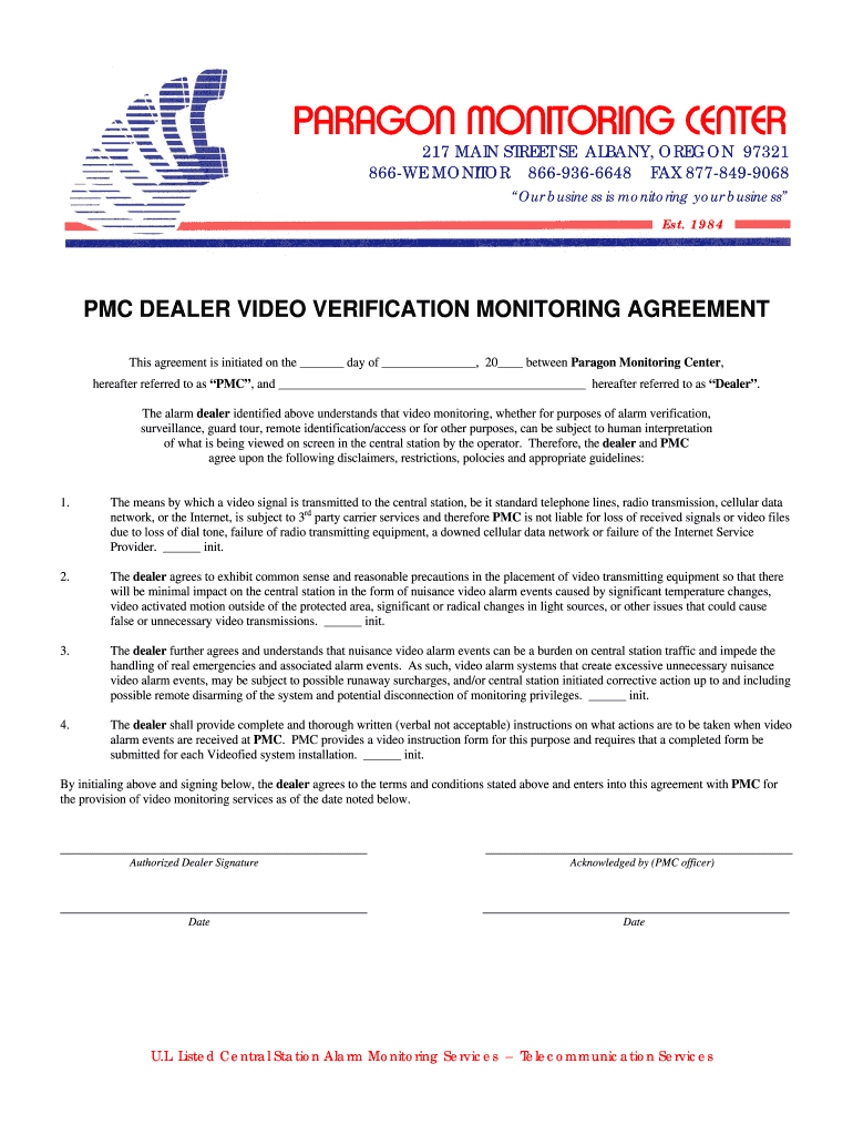 Fillable Online PMC Video Monitoring Agreement Fax Email Print - pdfFiller