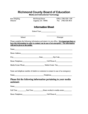 Fillable Online rcboe Information Sheet Form - Rcboe.org Fax Email ...