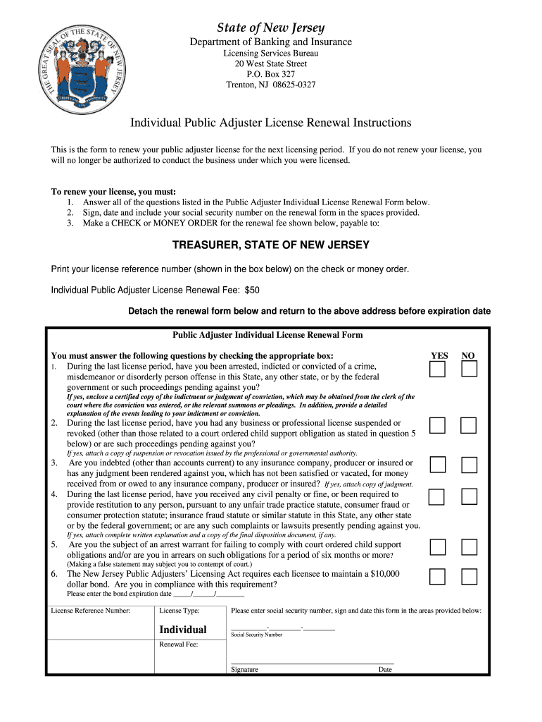 Fillable Online nj Individual Public Adjuster Renewal Form - State of ...