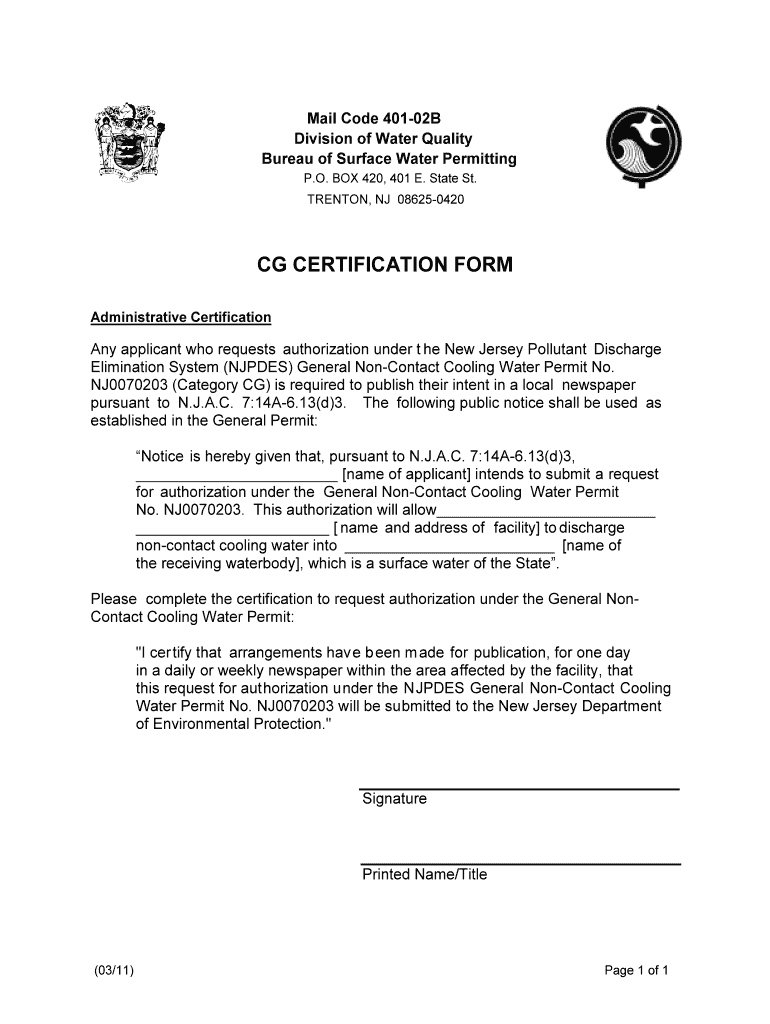 Fillable Online State Nj NJPDES CG Certification Form State Of New