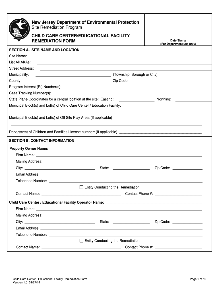 Fillable Online nj Child Care Center - EF Remediation Form Ver 1.0 form ...