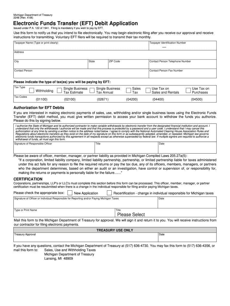 Fillable Online 2248, Electronic Funds Transfer (EFT) Debit Application ...