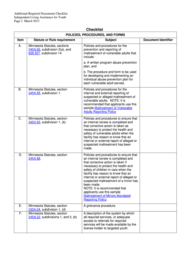 Fillable Online dhs state mn Lic Appl Addendum ILA Doc Checklist PDF ...