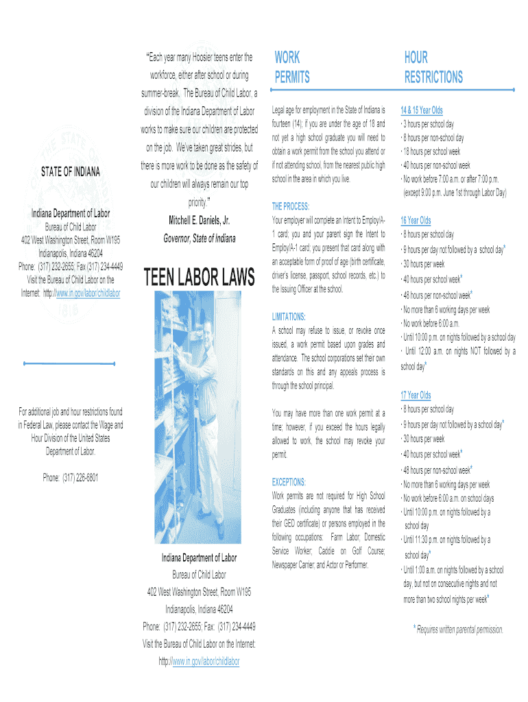 Fillable Online in Teen labor laws - State of Indiana - in Fax Email ...