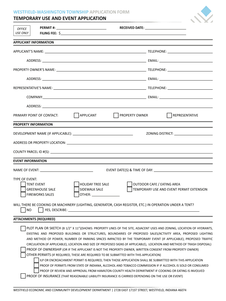 Fillable Online Temporary Uses and Events bApplicationb - City of Westfield Indiana Fax Email ...