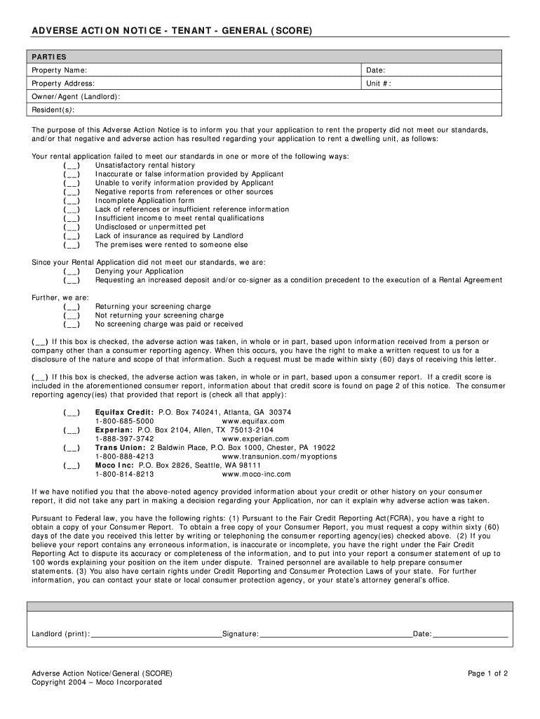 Fillable Online ADVERSE ACTION NOTICE - TENANT - GENERAL (SCORE) Fax ...