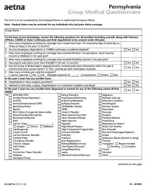 Fillable Online Pennsylvania Group Medical Questionnaire - Aetna ...