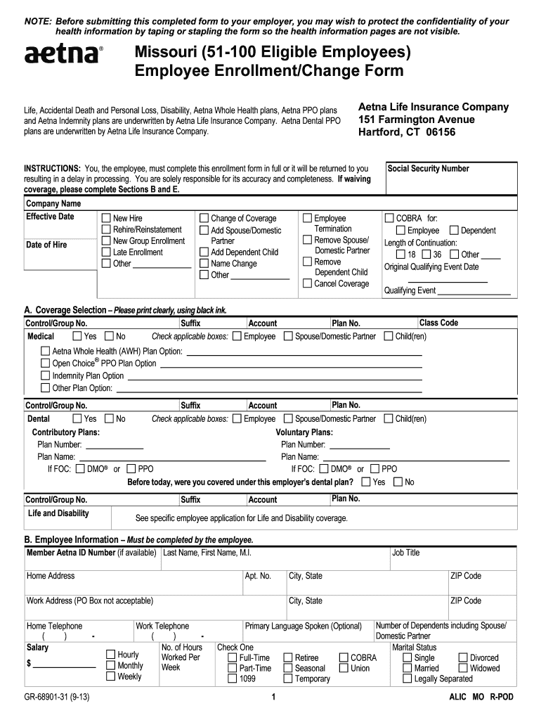 Fillable Online Missouri Employee Enrollment/Change Form (51-100 Eligible Employees) - PPO ...