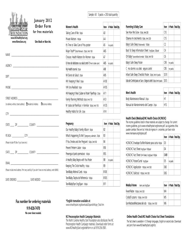 Fillable Online nchealthystart Order form june 12:order form 4.12.05 ...