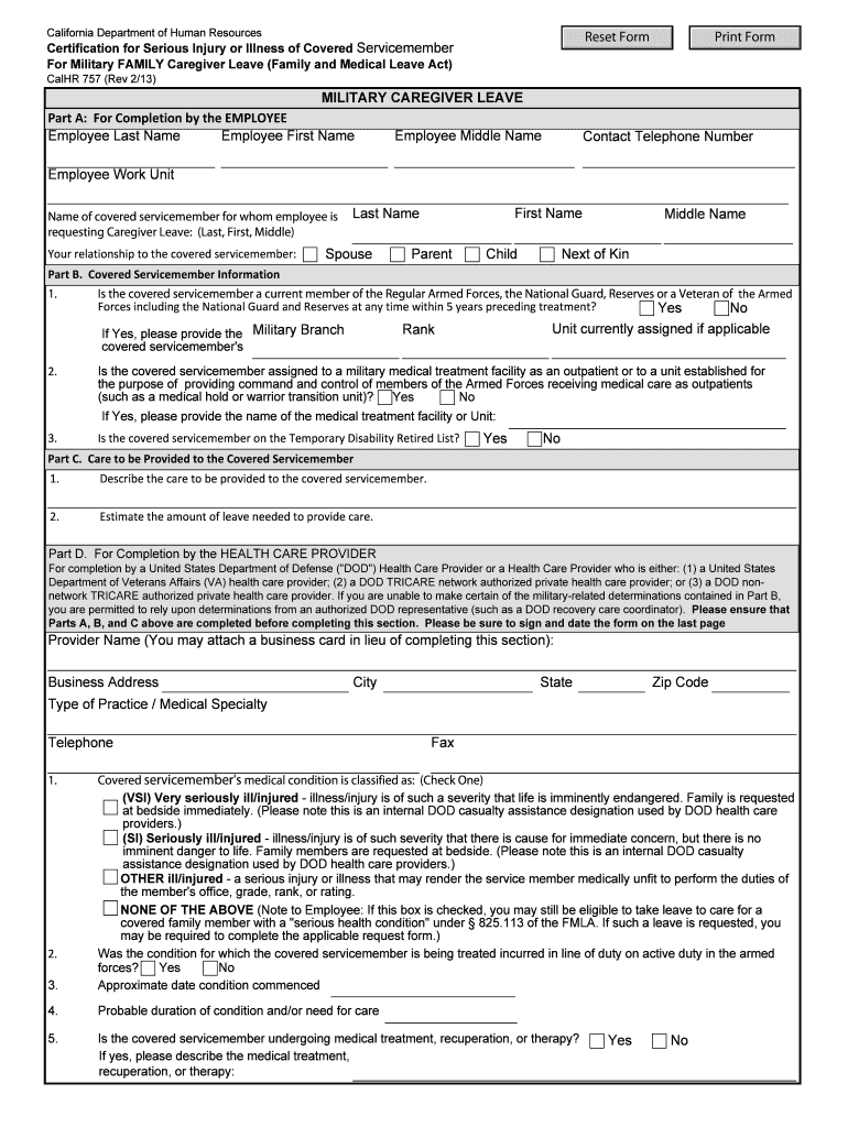 Fillable Online calhr ca Certification for Serious Injury or Illness of ...