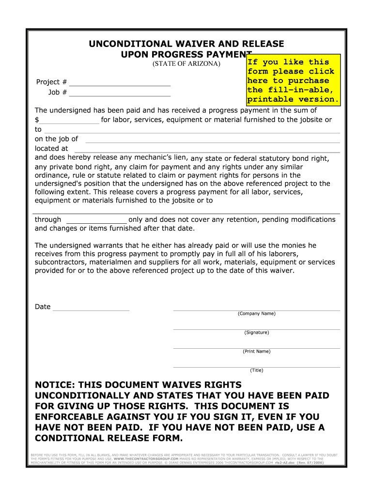 Fillable Online Unconditional waiver and release upon progress payment ...
