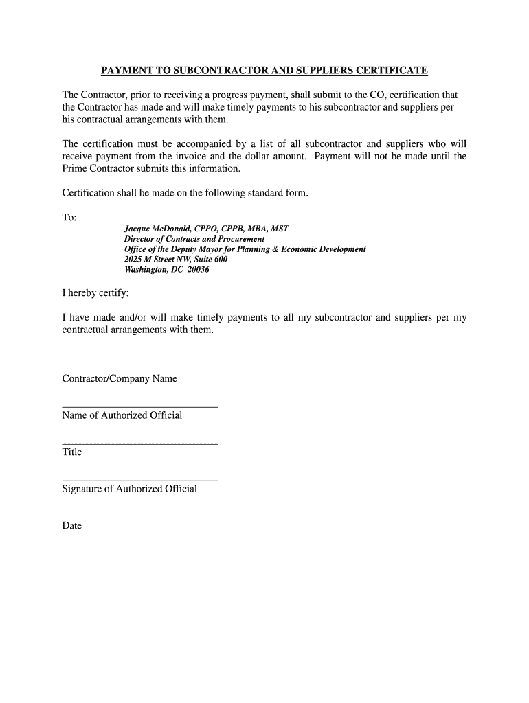 Fillable Online dmped dc Payment to Subcontractor and Suppliers ...