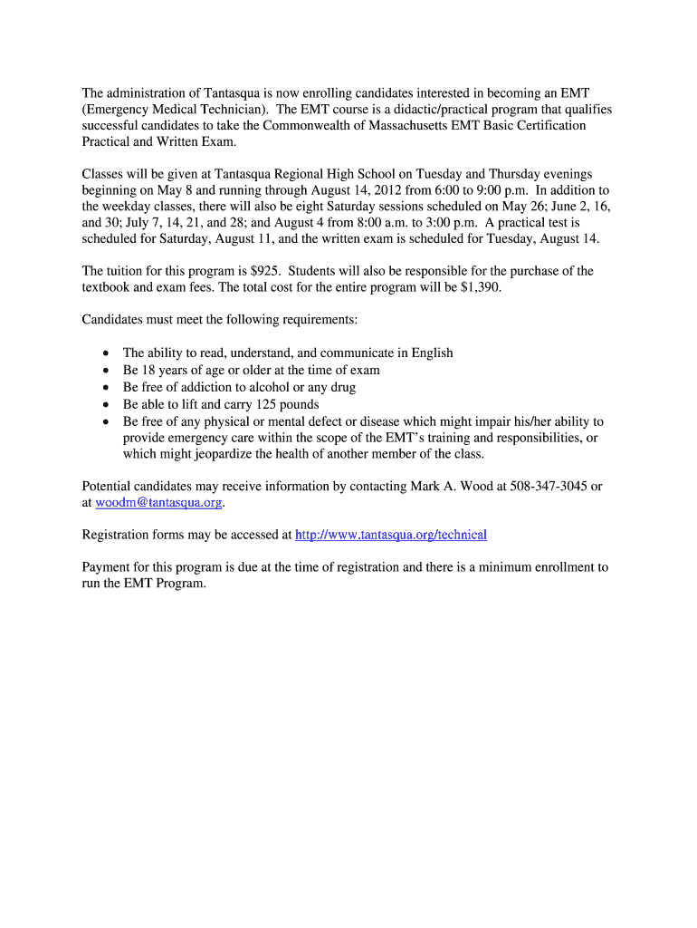 Fillable Online tantasqua EMT Class Registration Information ...