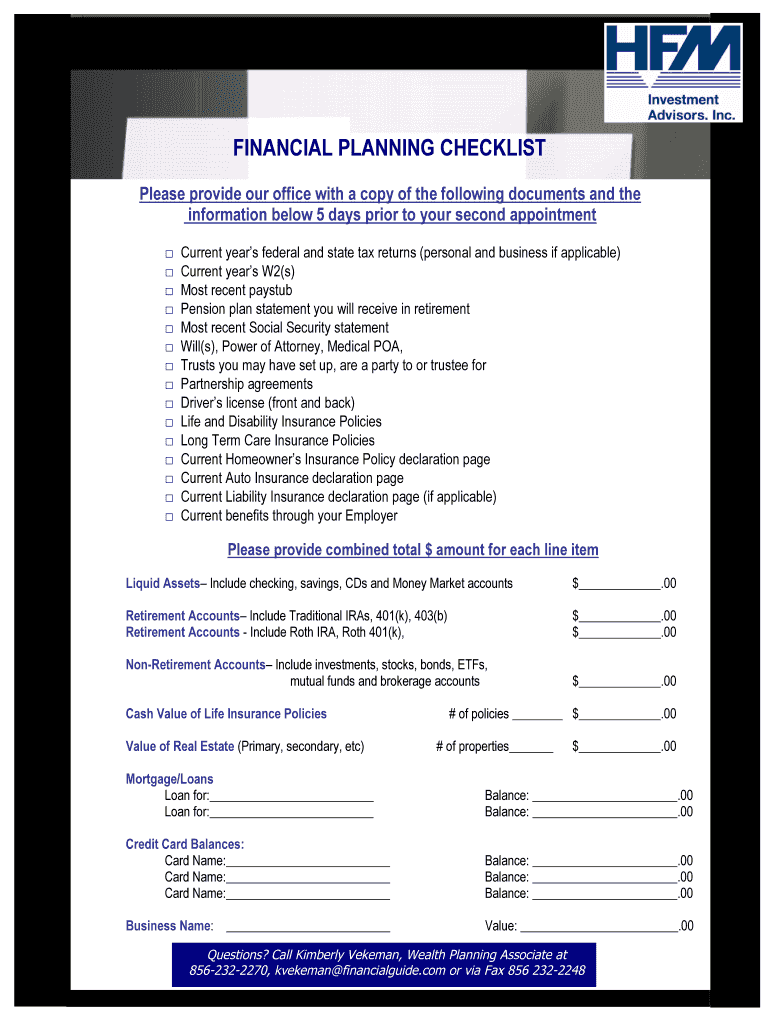 Fillable Online Financial Planning Checklistpub - HFM Investment ...