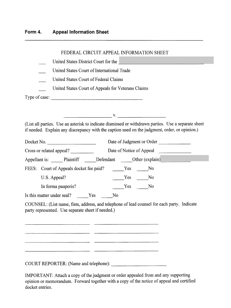 Fillable Online Rules of Practice - Form 4. Appeal Information Sheet ...