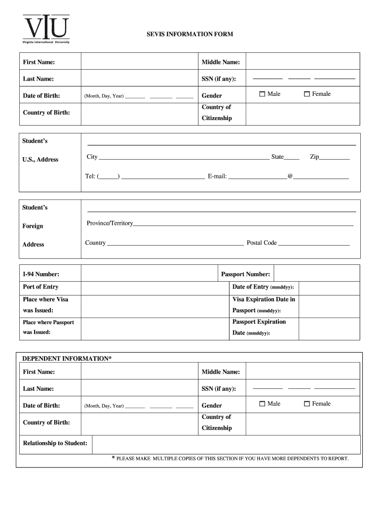 Fillable Online viu Printable .PDF SEVIS Information Form - viu Fax ...