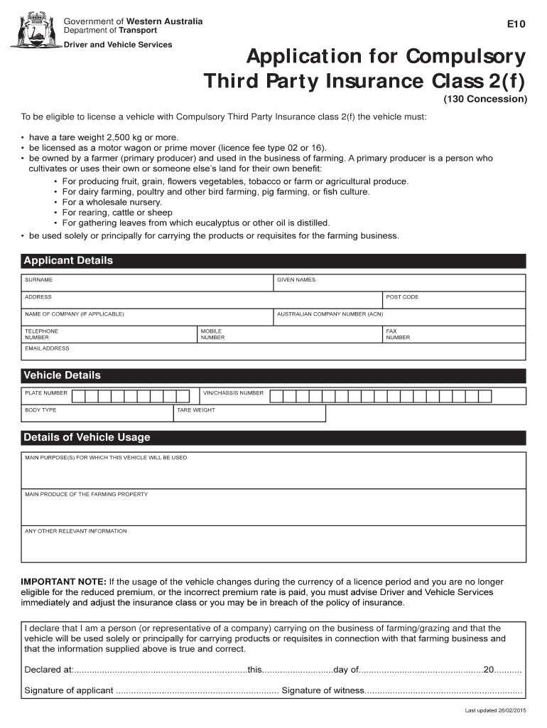 Fillable Online transport wa gov Application for Compulsory Third Party ...