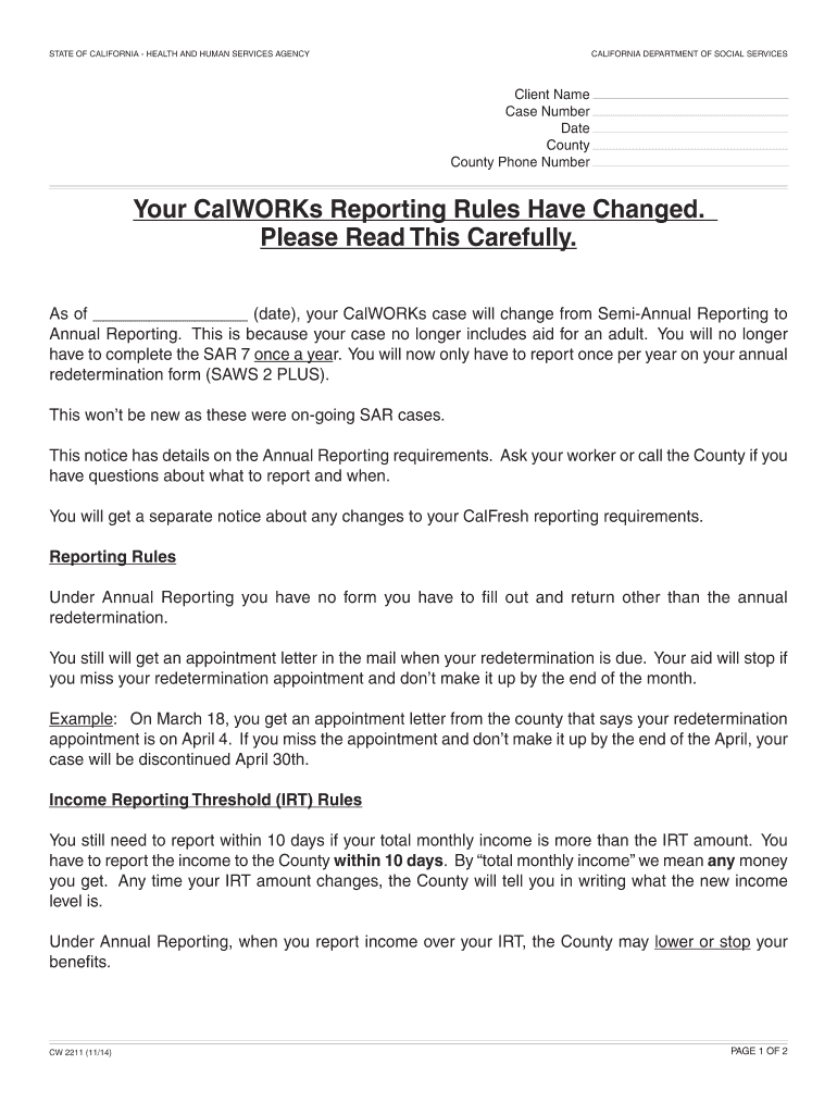 Fillable Online dss cahwnet CW 2211 913 - Your CalWORKs Reporting Rules ...