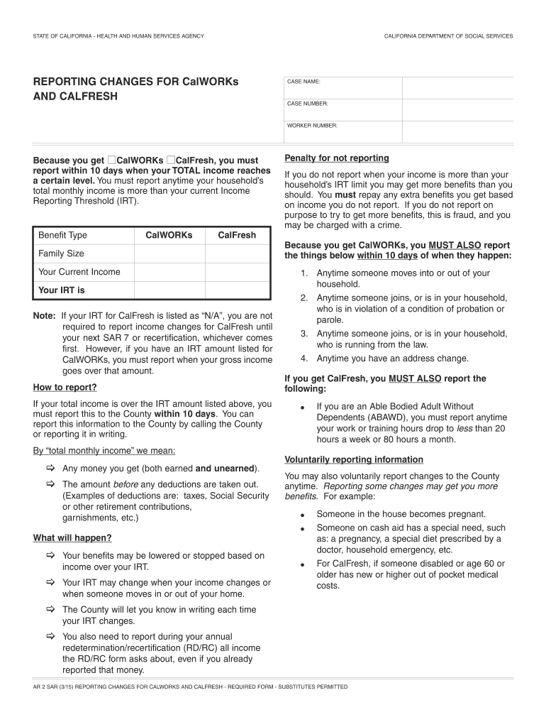 Fillable Online dss cahwnet AR 2 SAR 1113 - Reporting Changes For ...