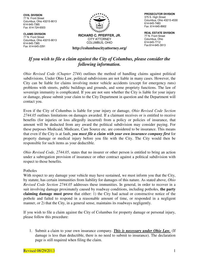 Fillable Online columbuspolice Damage Claimant Form - Columbus Police ...