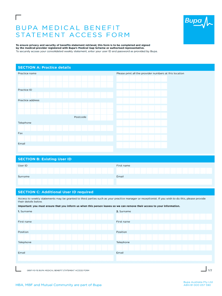 Fillable Online BUPA MEDICAL BENEFIT STATEMENT ACCESS ForM Fax Email ...