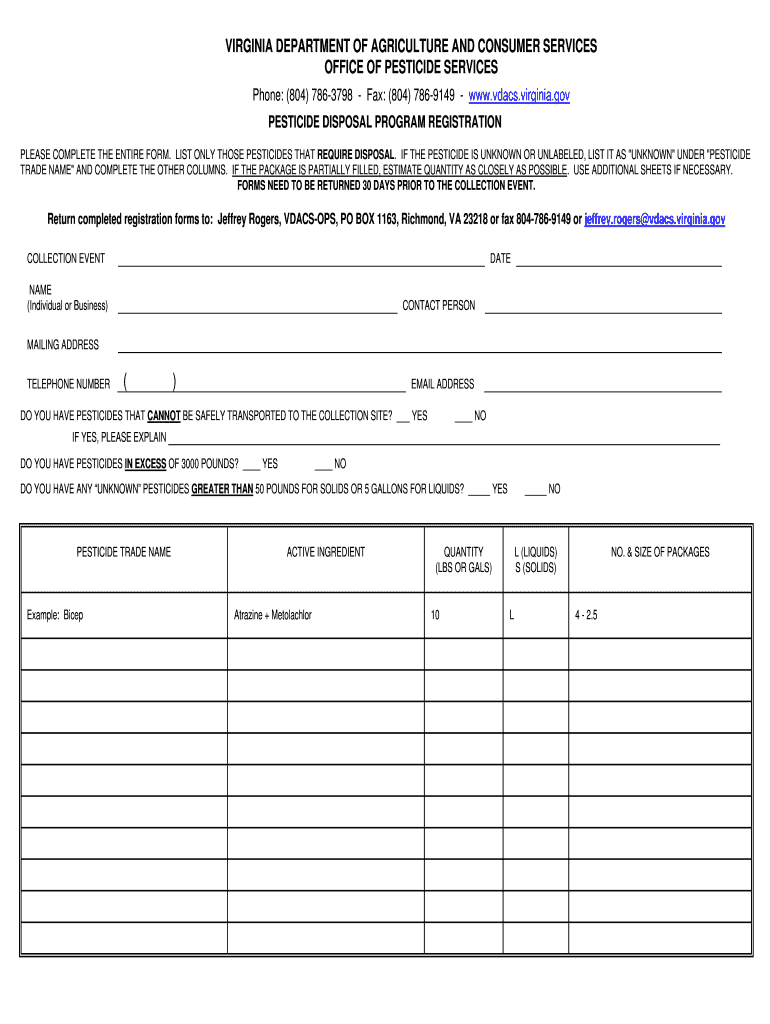 Fillable Online vdacs state va Pesticide Disposal Registration Form ...