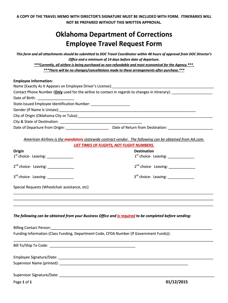 Fillable Online Employee Travel Request Form - State of Oklahoma Fax Email Print - pdfFiller