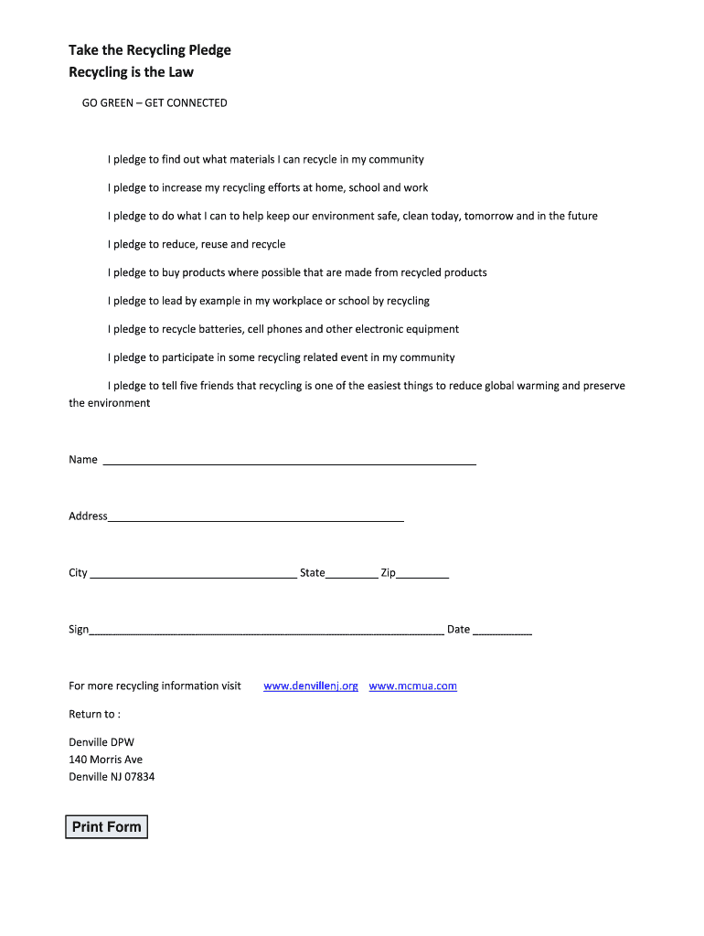 Fillable Online denvillenj Take the Recycling Pledge Recycling is the ...