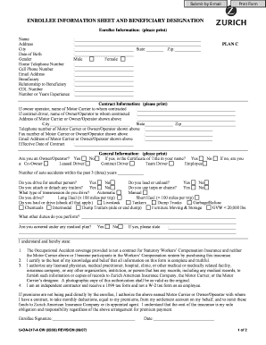 Fillable Online Zurich Enrollee Information Form Plan C - 5Star ...