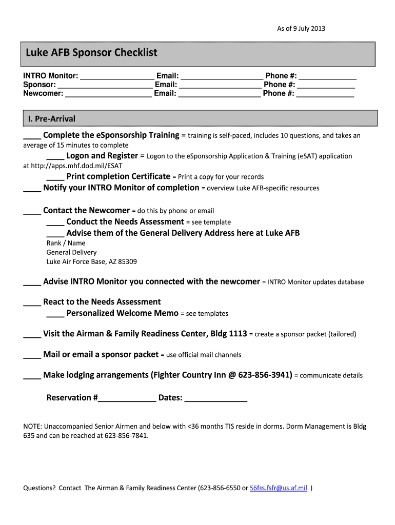Fillable Online Luke AFB Sponsor Checklist Luke AFB Sponsor Checklist ...
