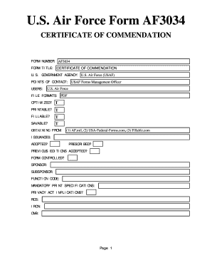 Fillable Online U.S. Air Force Form AF3034. CERTIFICATE OF COMMENDATION ...